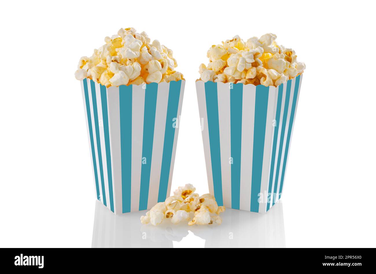 Two turquoise white striped carton buckets with tasty cheese popcorn ...