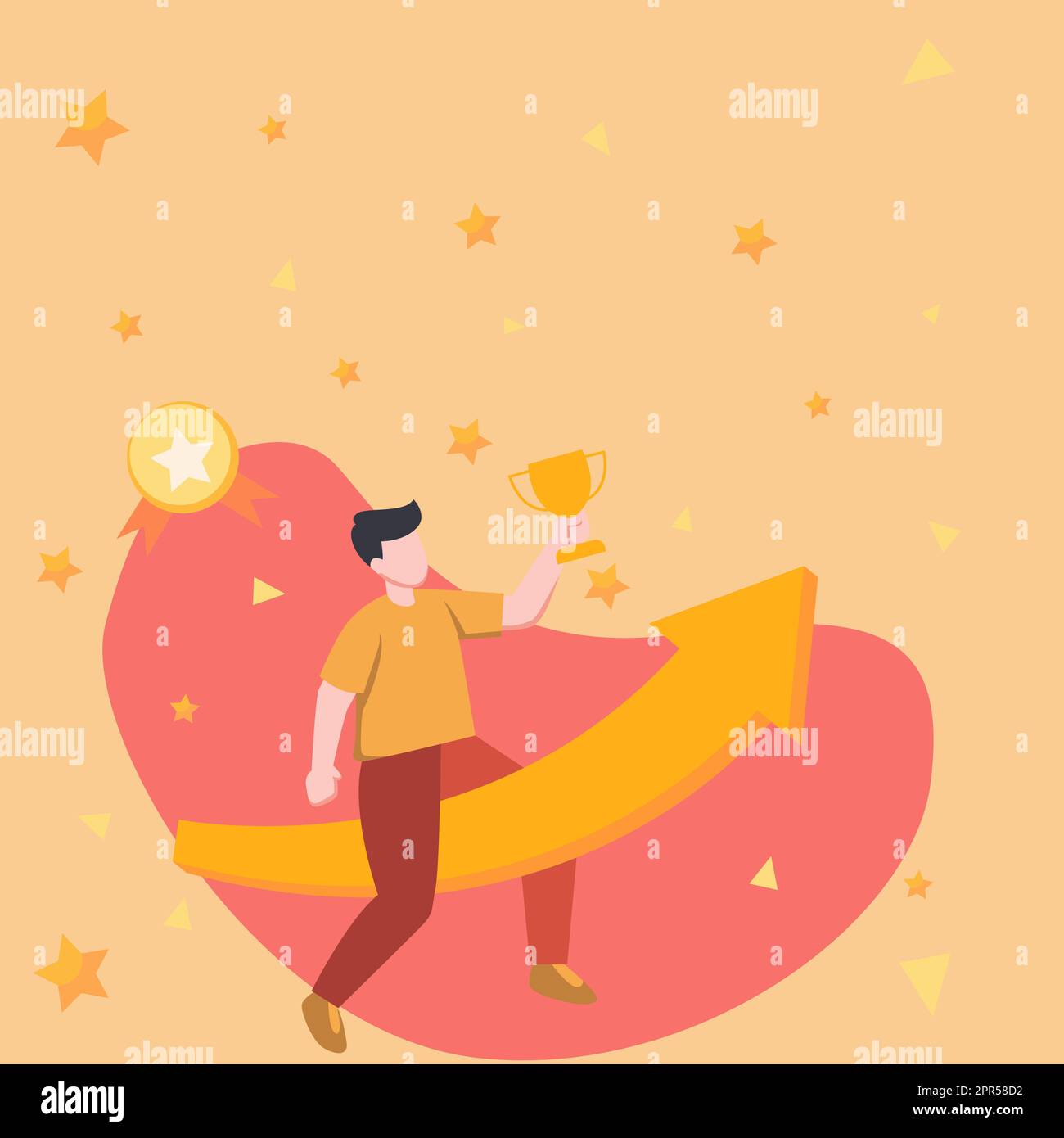 Man Drawing Holding Gold Cup Sitting On Arrow Showing Business Growth ...