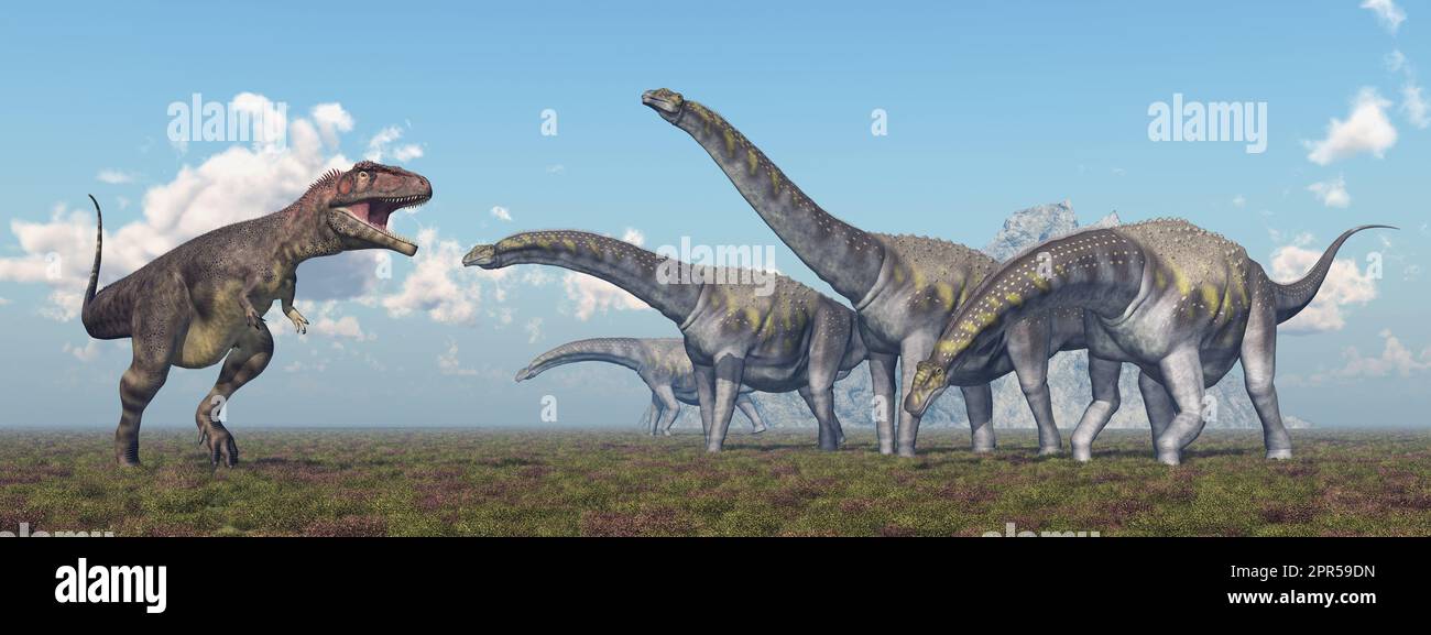 Panoramic view with the dinosaurs Mapusaurus and Argentinosaurus Stock ...