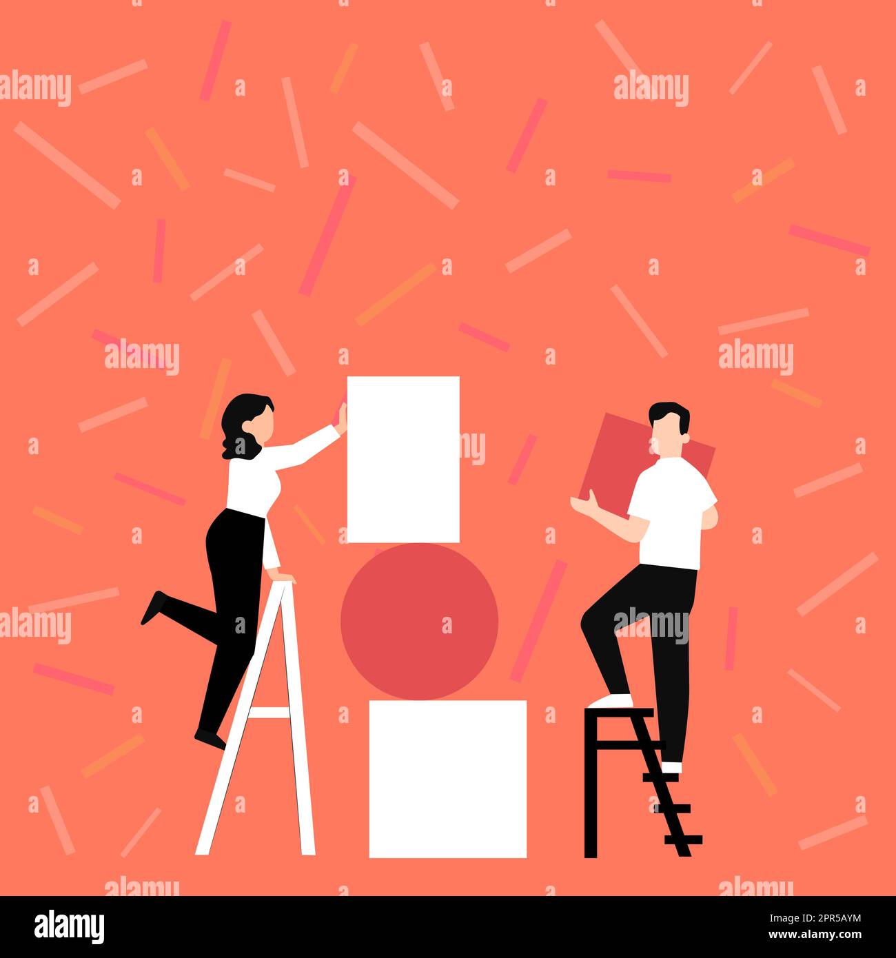 Couple Drawing Using Ladder Helping Each Other Placing Big Empty ...