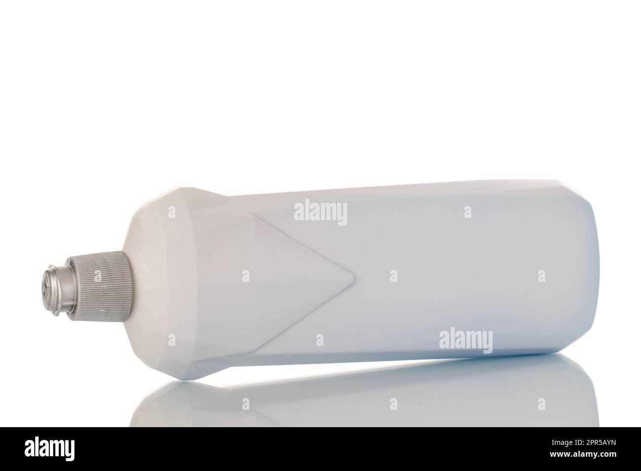 One plastic container for liquid, macro, isolated on white background ...