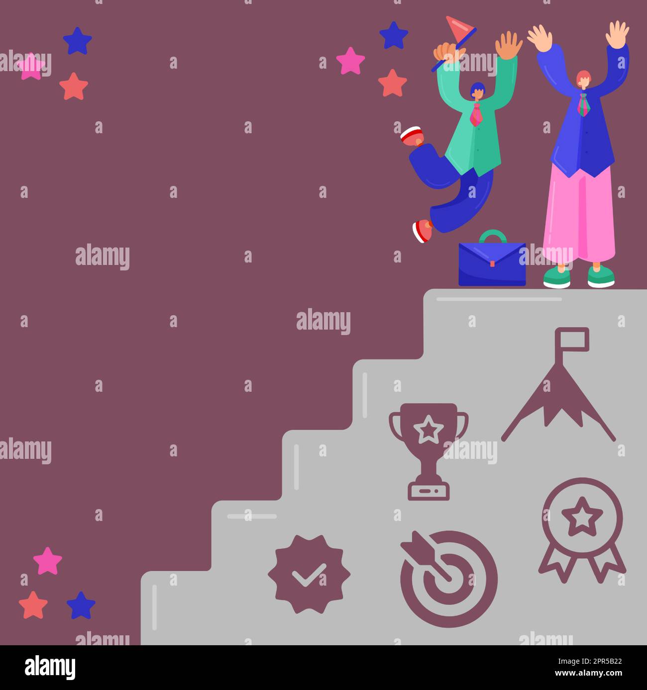 Teamworkers Celebrating Success On Top Of Staircase. Happy Colleagues ...