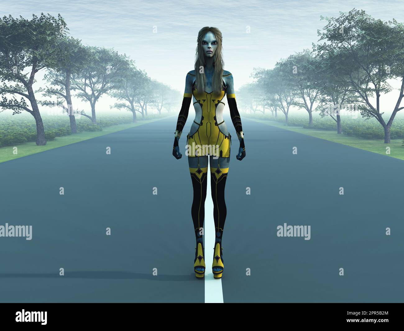 Alien creature on a country road at dawn Stock Photo - Alamy