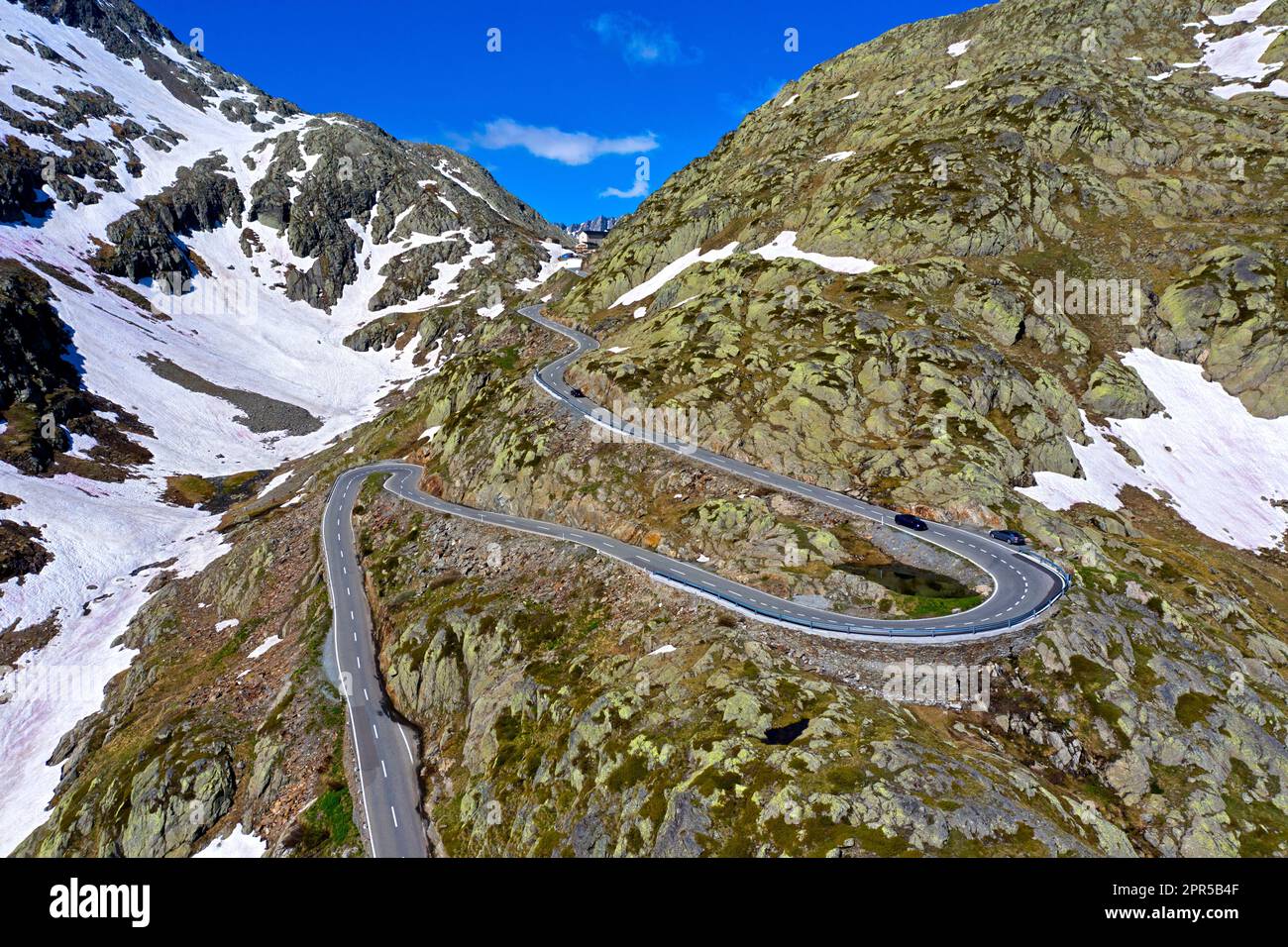 Pass road with hairpin bends on the approach to the Great St. Bernhard ...