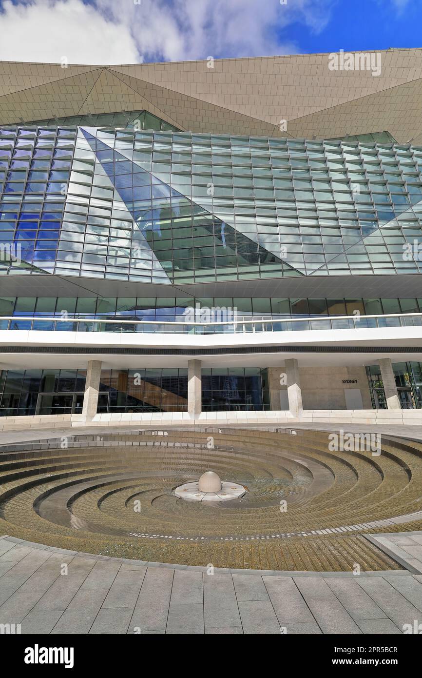 605 Spiral fountain facing the glass facade of modern building at ...