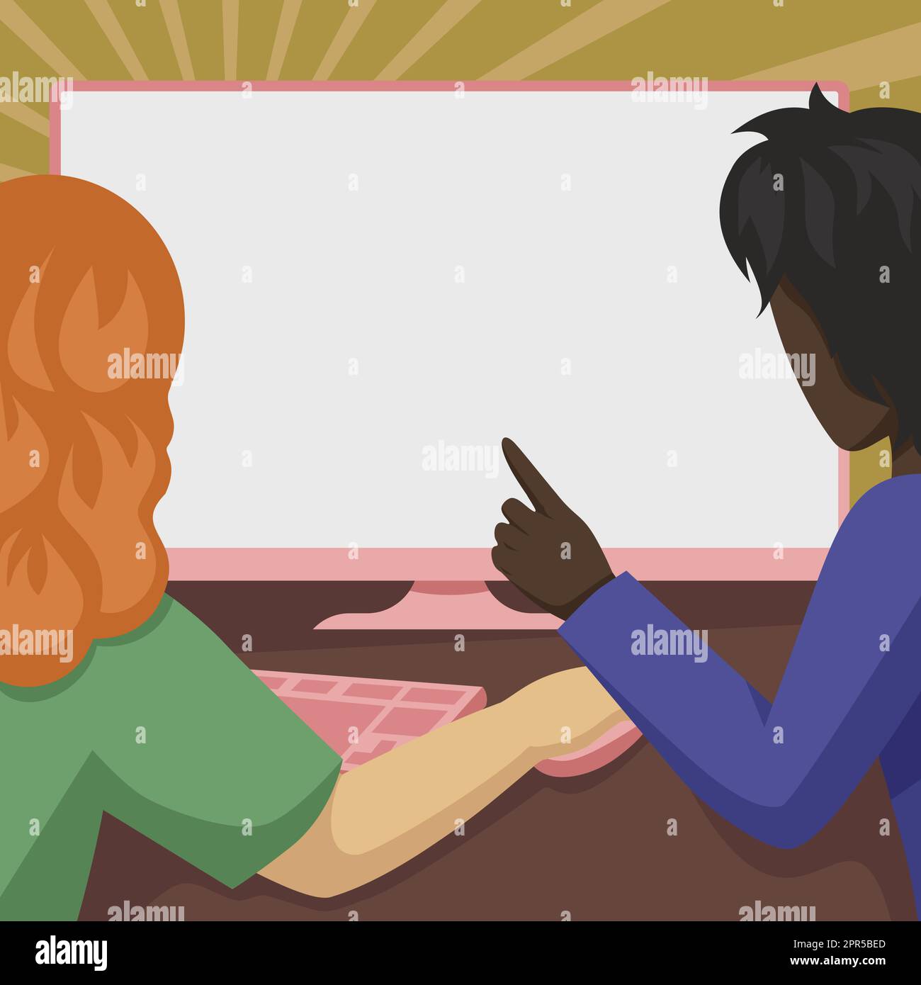 Couple Drawing Using Desktop Computer Helping Each Other Accomplishing ...