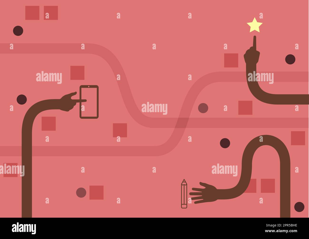 Three Long Hands Drawing Arms Pointing Fingers Touching Mobile Device ...