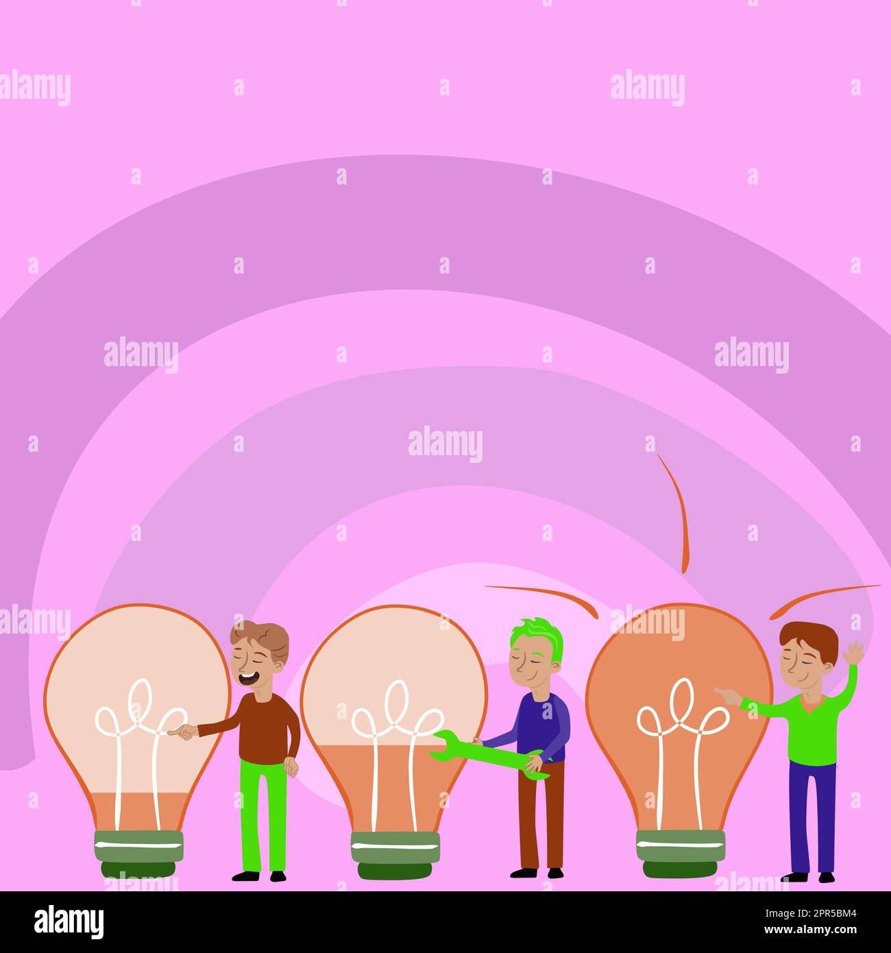 Three Person Fixing Electric Bulbs With Wrenches. Leader Pointing At ...