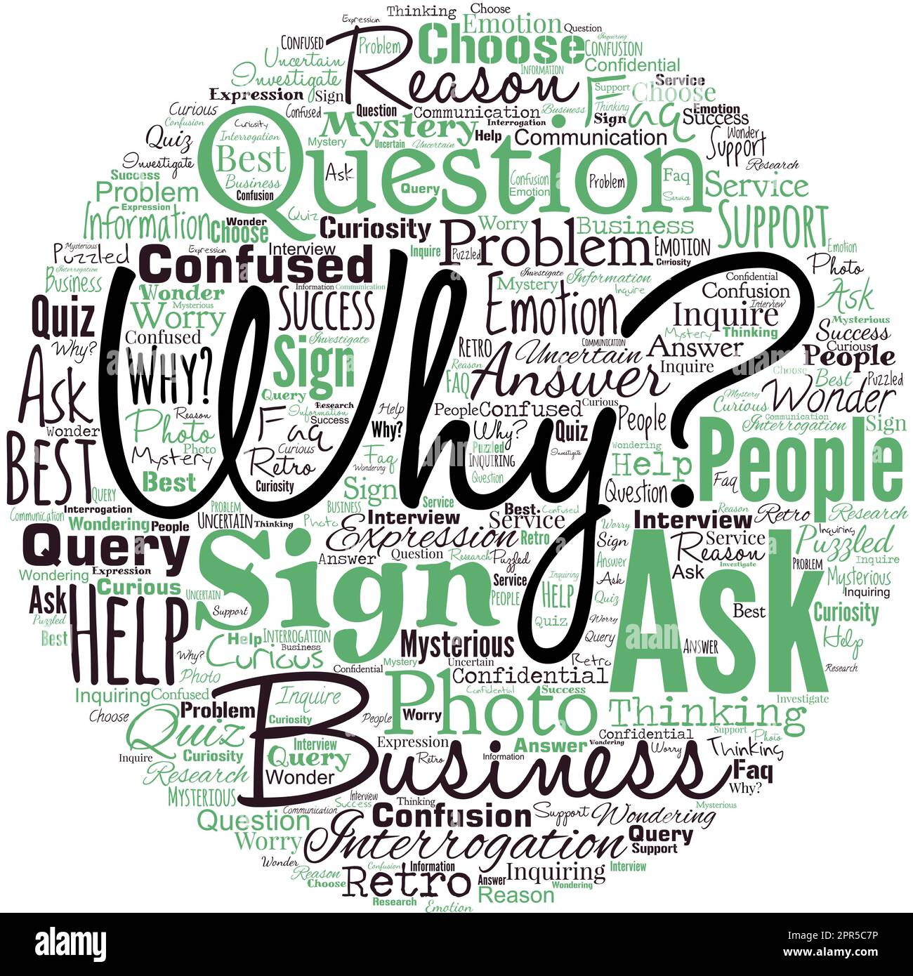 Big word cloud in the shape of circle with word why. Asking for what ...