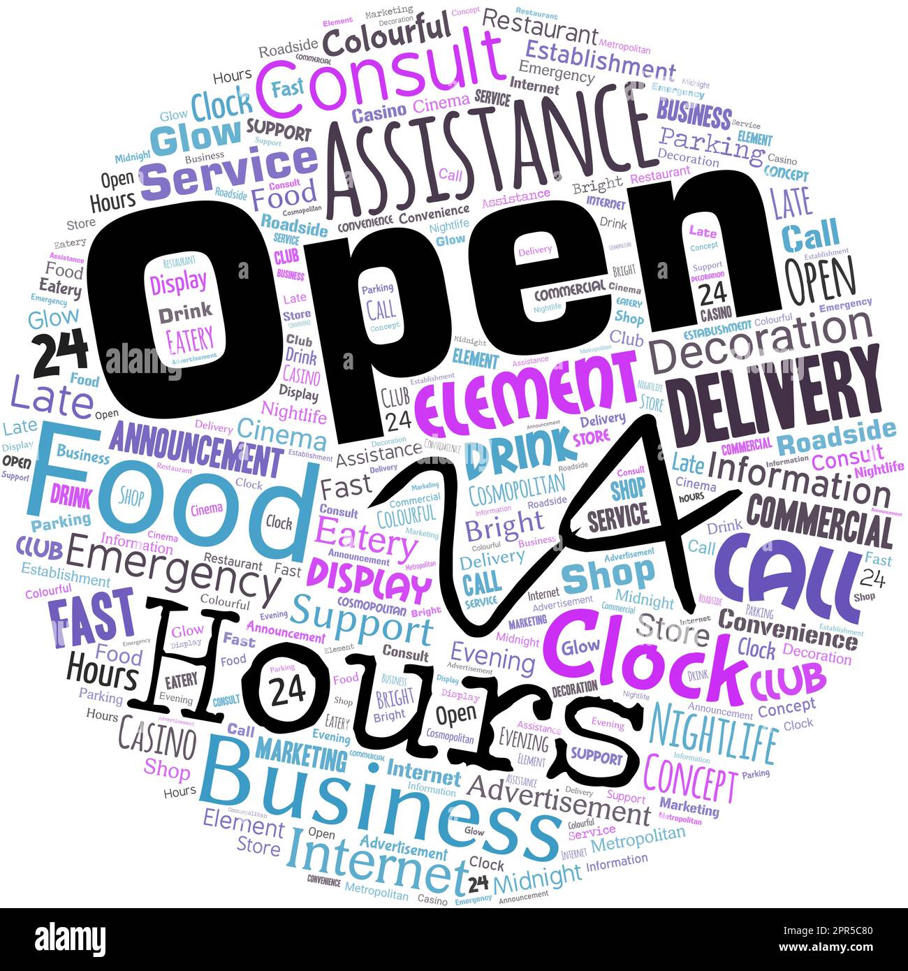 Big word cloud in the shape of circle with words open 24 Hours ...