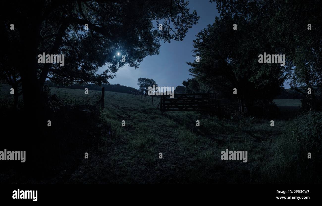 A gate on a country lane in farmland in Cornwall, England, lit by the ...