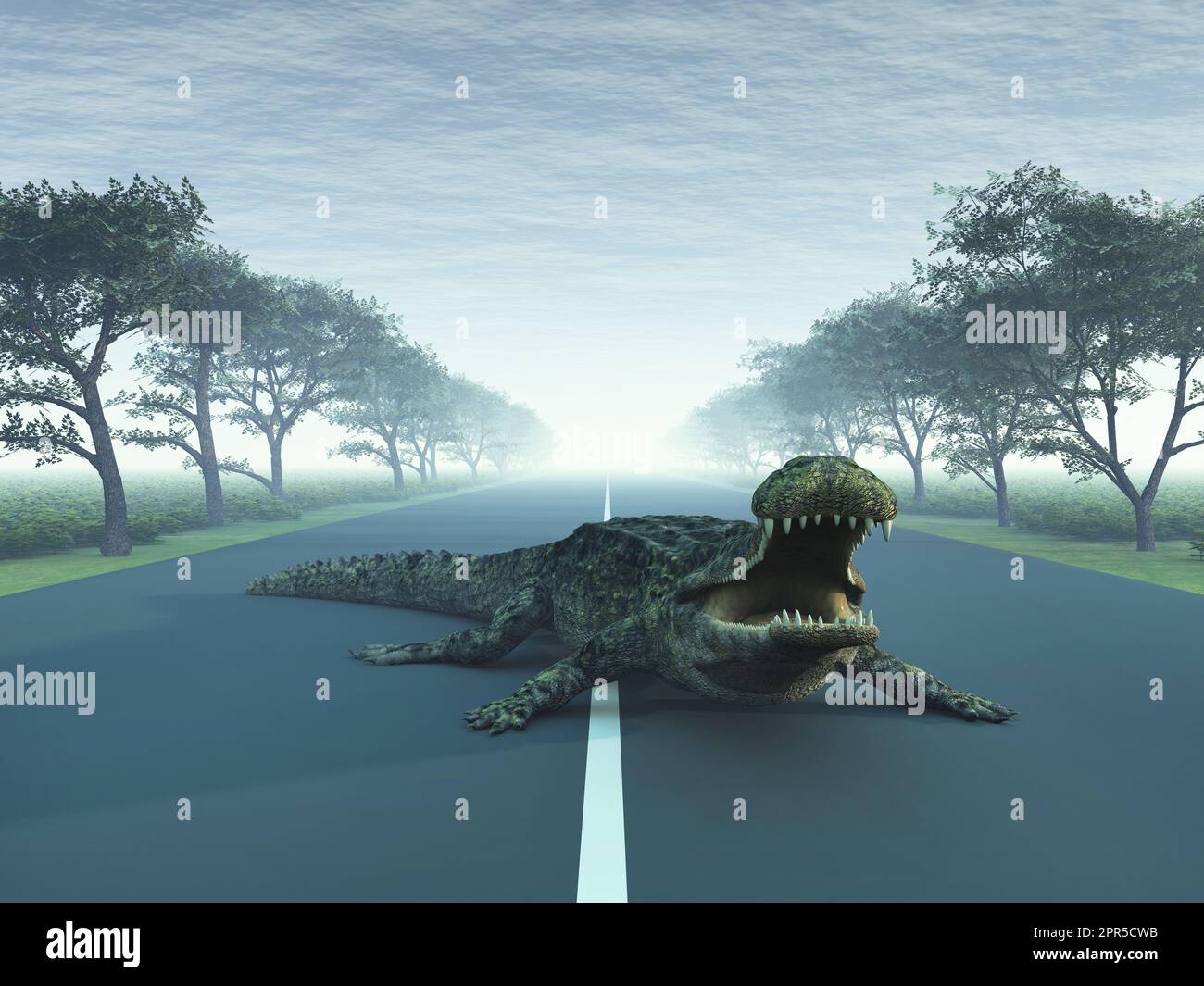 Prehistoric crocodile on a country road at dawn Stock Photo - Alamy