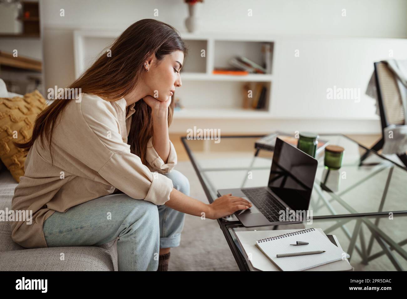 Tired busy boring millennial european female typing on computer in ...