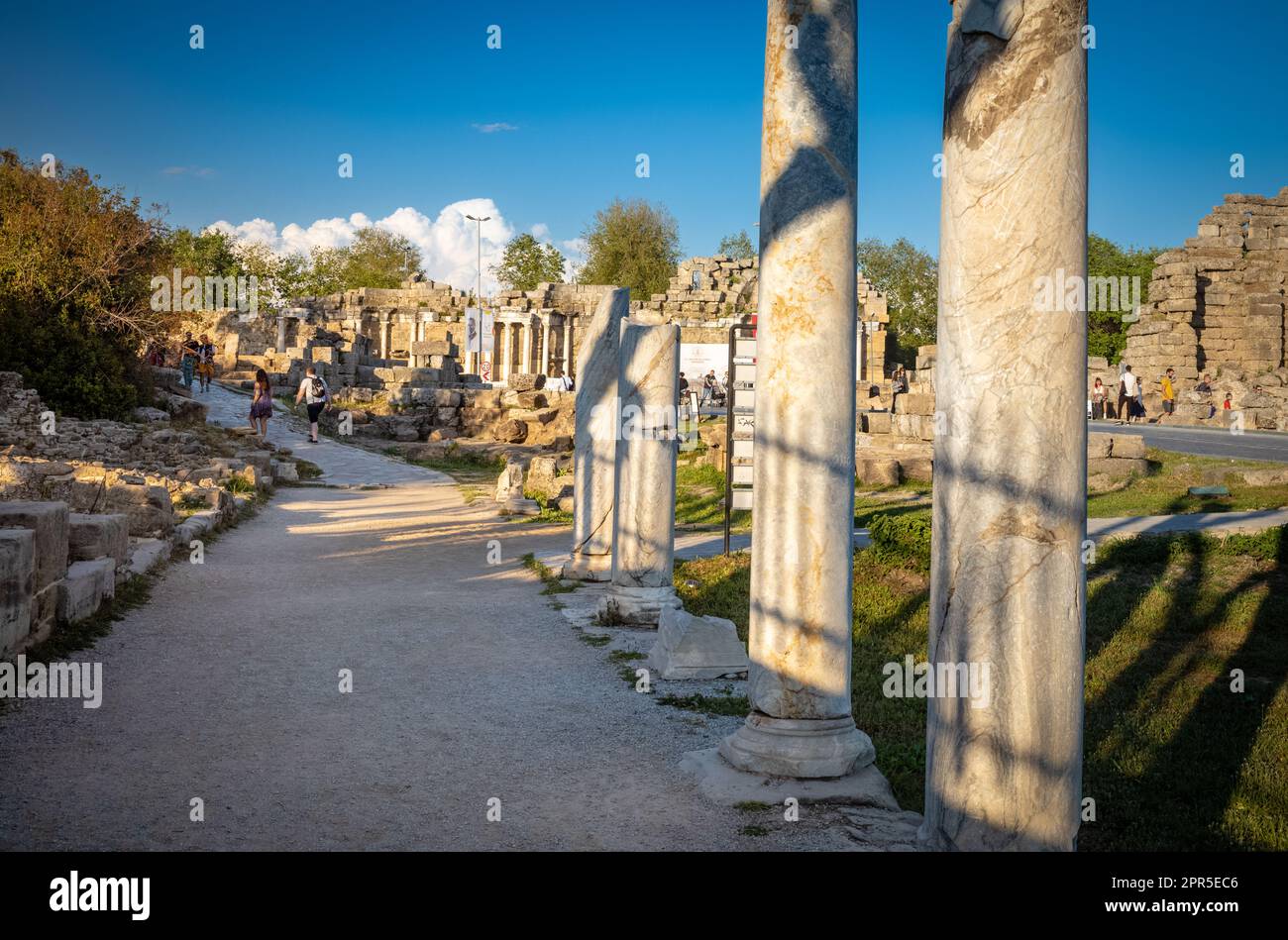 The ruins of marble columns alongside an old street within Side Ancient ...