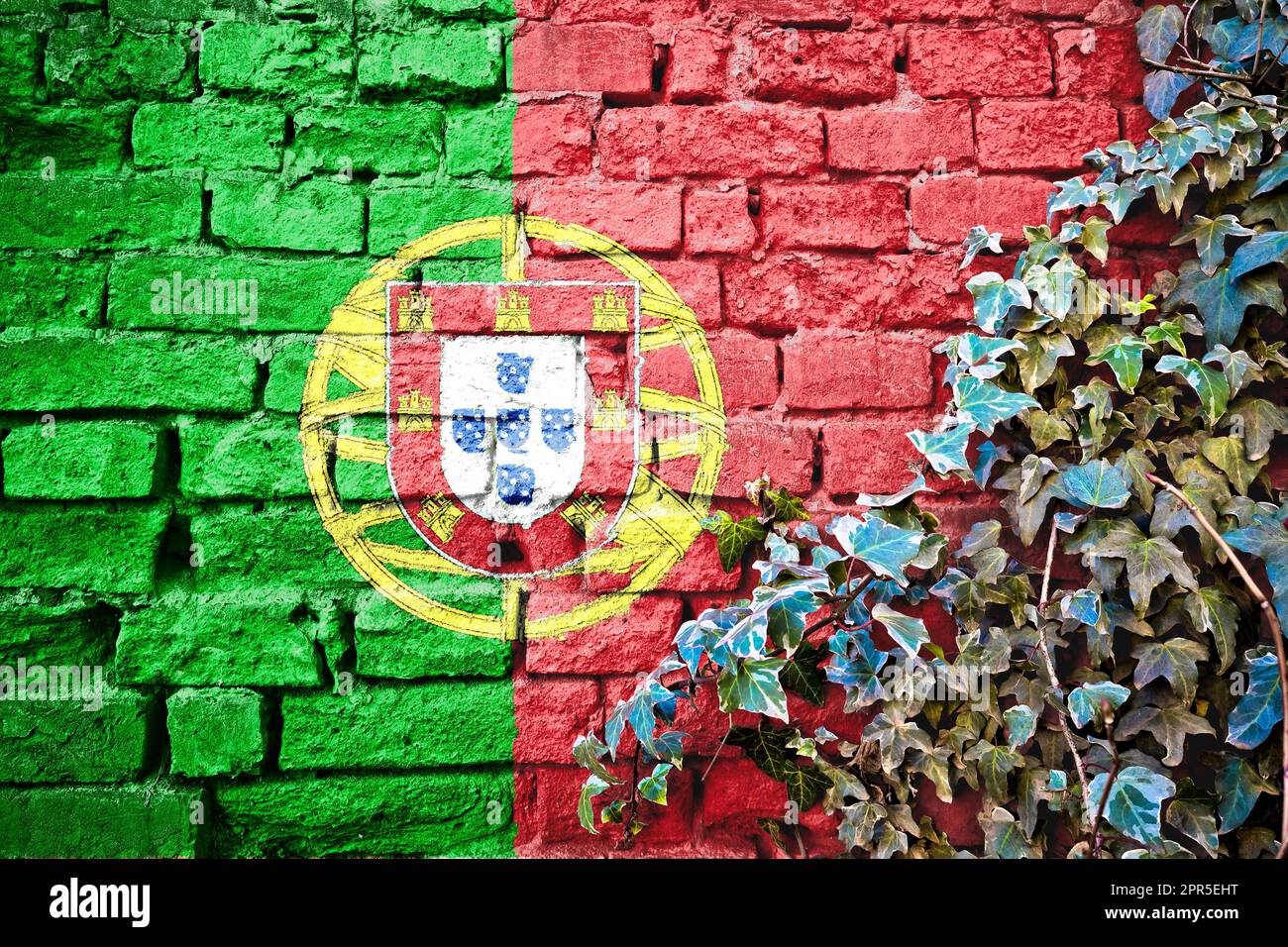 Portugal grunge flag on brick wall with ivy plant, country symbol ...