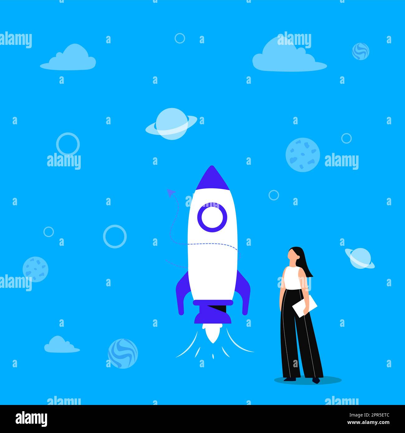 Illustration Of Casual Girl Standing Alone Beside Large Rocket Ship ...