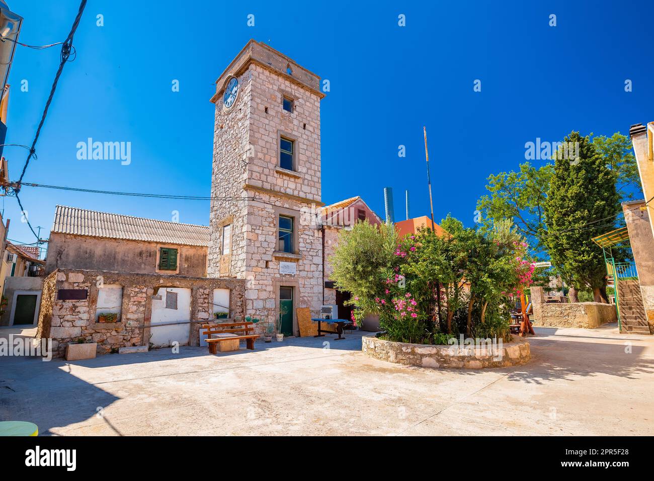 Mediterranean stone village on Krapanj island view, sea sponge ...