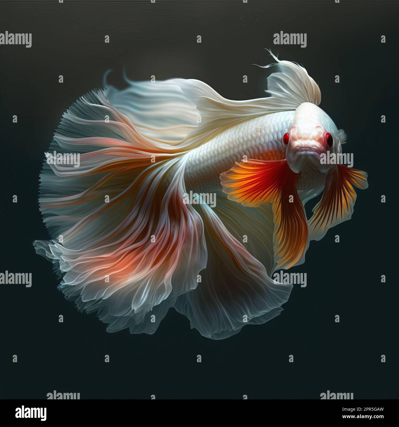 Image of white betta fish with long beautiful tails on a black ...