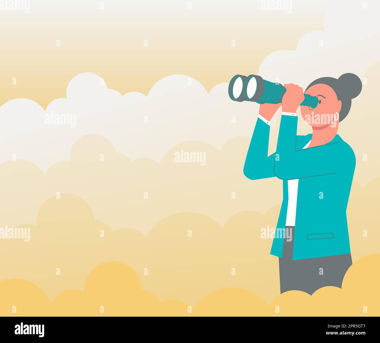 Woman Surrounded With Clouds Looking Through Hand Held Telescope Seeing ...