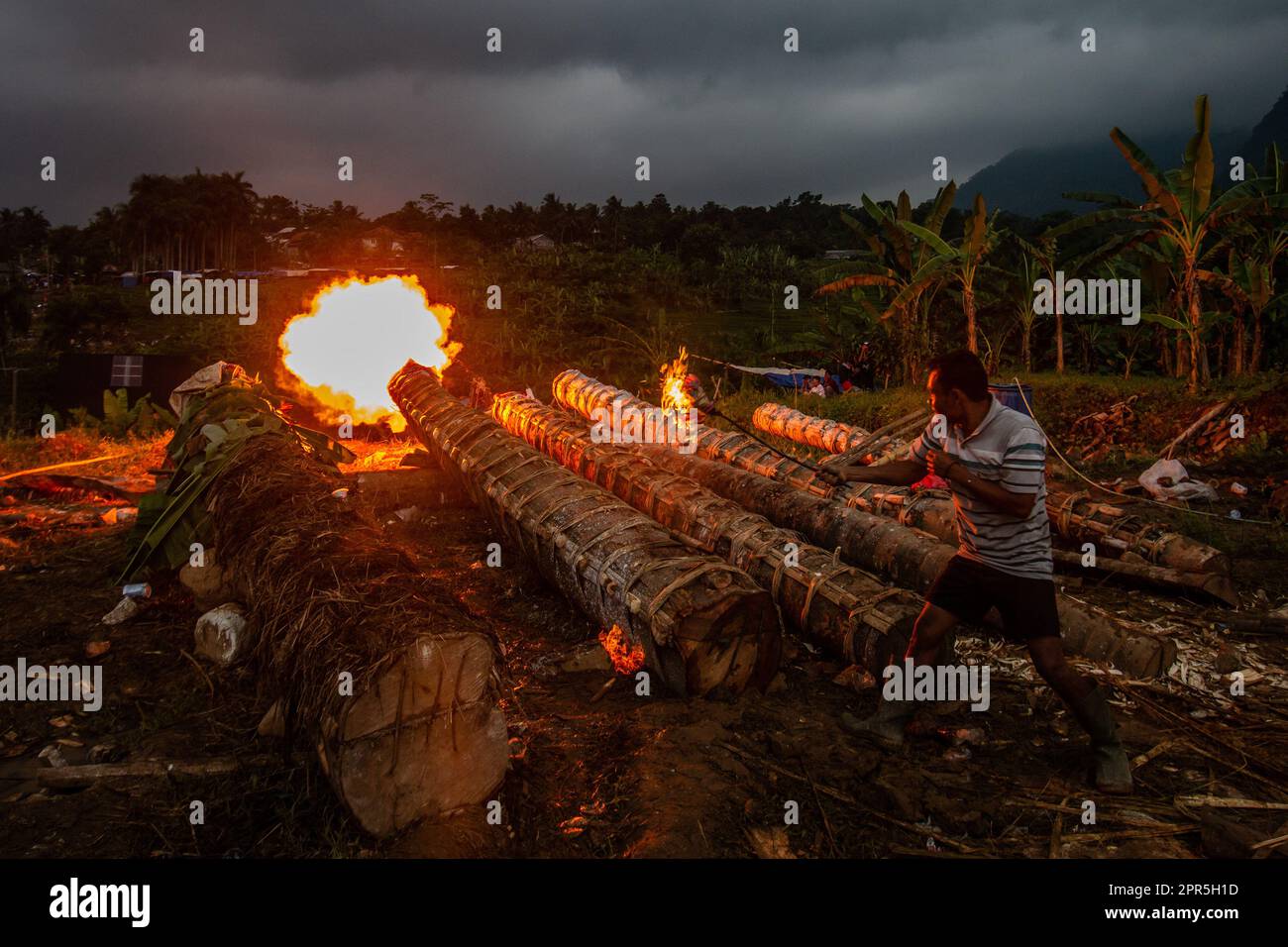 Bogor, Indonesia. 25th Apr, 2023. Villager fire the traditional cannon ...