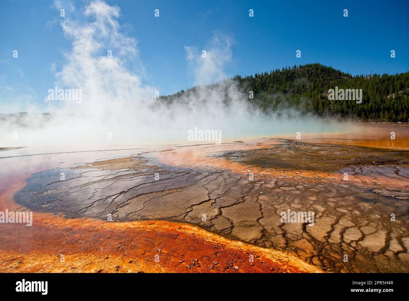 A low-angle view of Grand Prismatic Spring in Yellowstone National Park ...