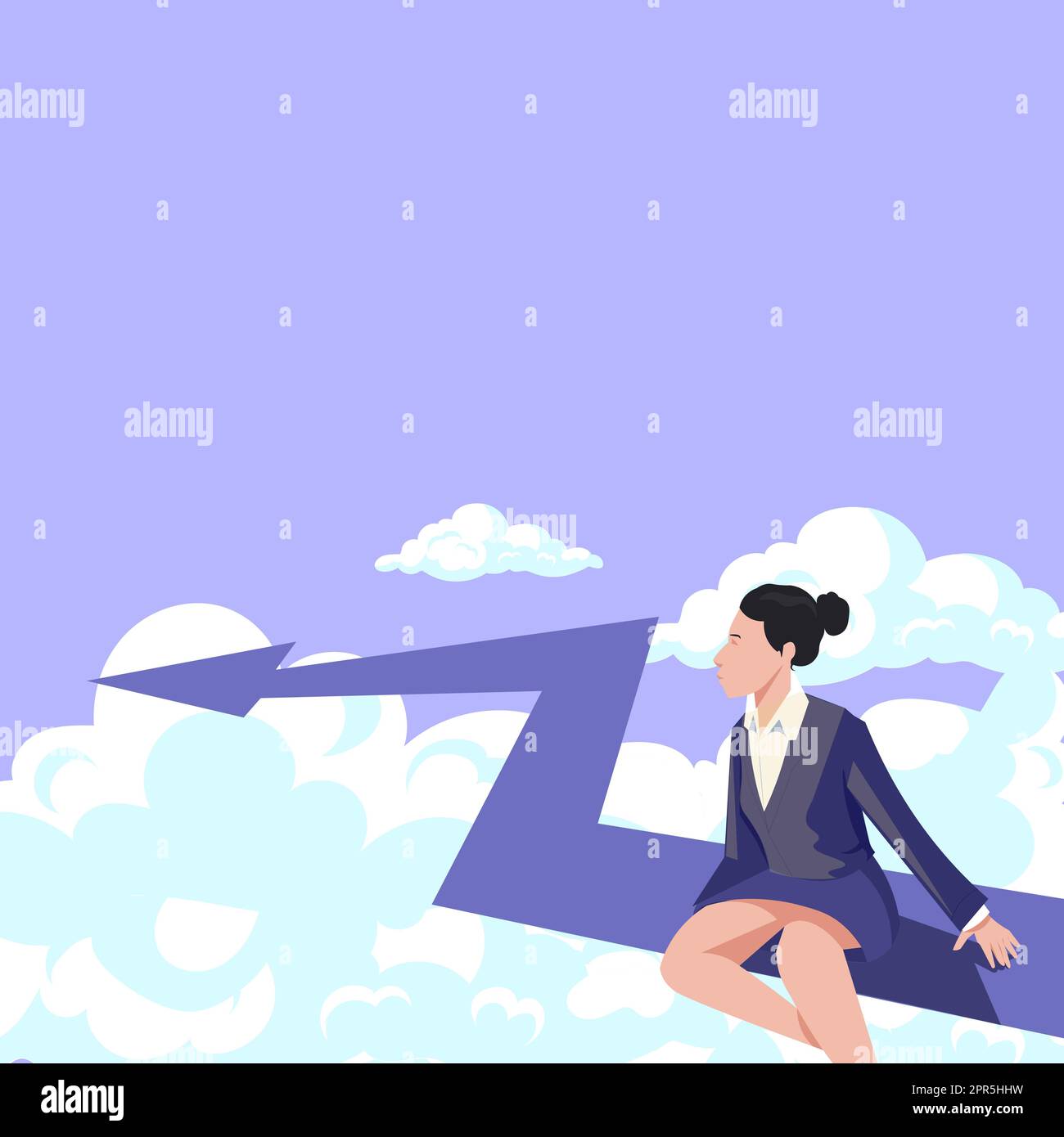 Lady Sitting Arrow Representing Financial Success. Lady Reaching Cloudy ...