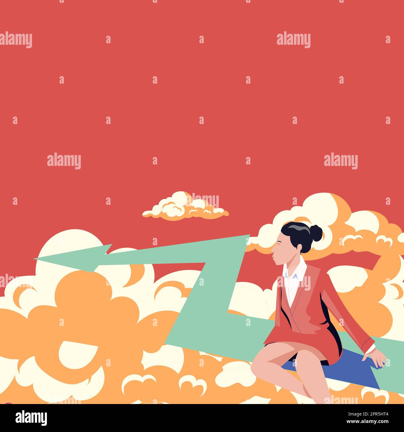 Lady Sitting Arrow Representing Financial Success. Lady Reaching Cloudy ...