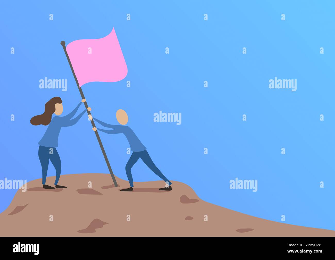Man And Woman Drawing Standing Setting Up Flag On Peak Of Mountain ...