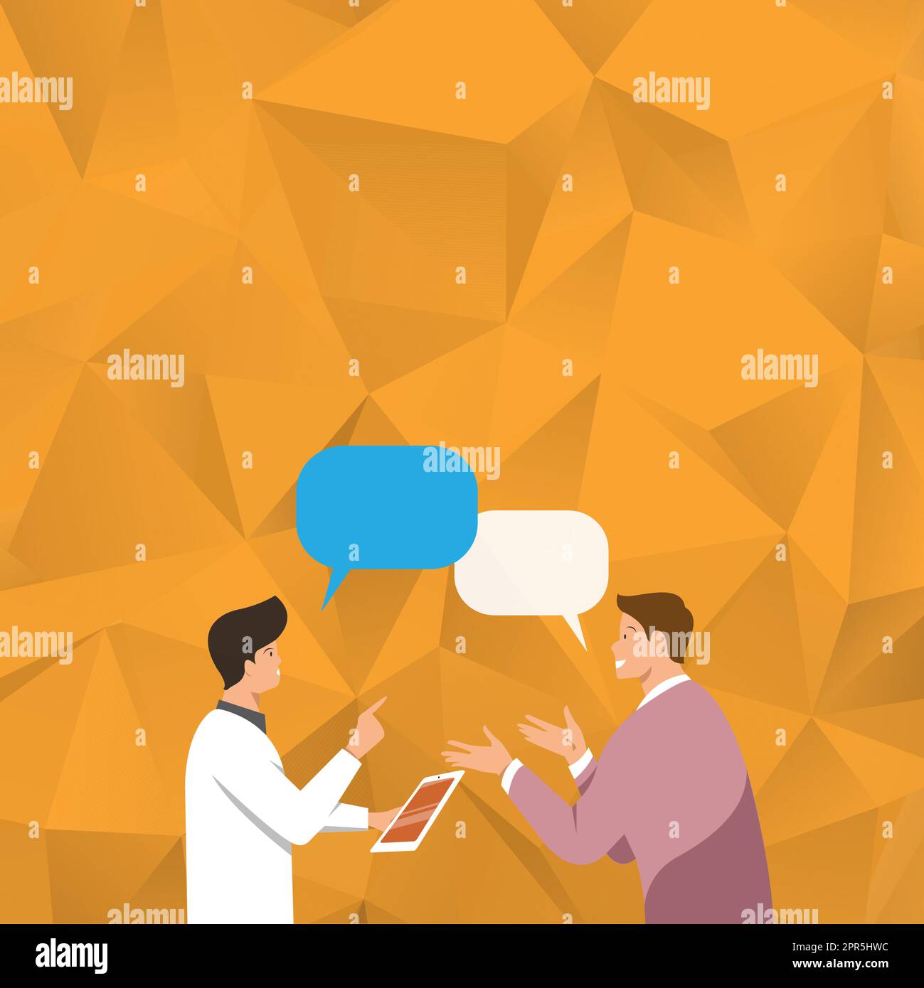 Two Men Colleagues Standing Sharing Thoughts Together With Speech ...