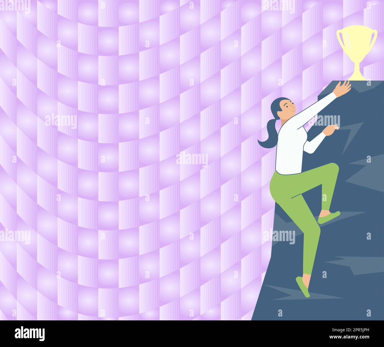 Woman Climbing Mountain Reaching Trophy Representing Successfully ...