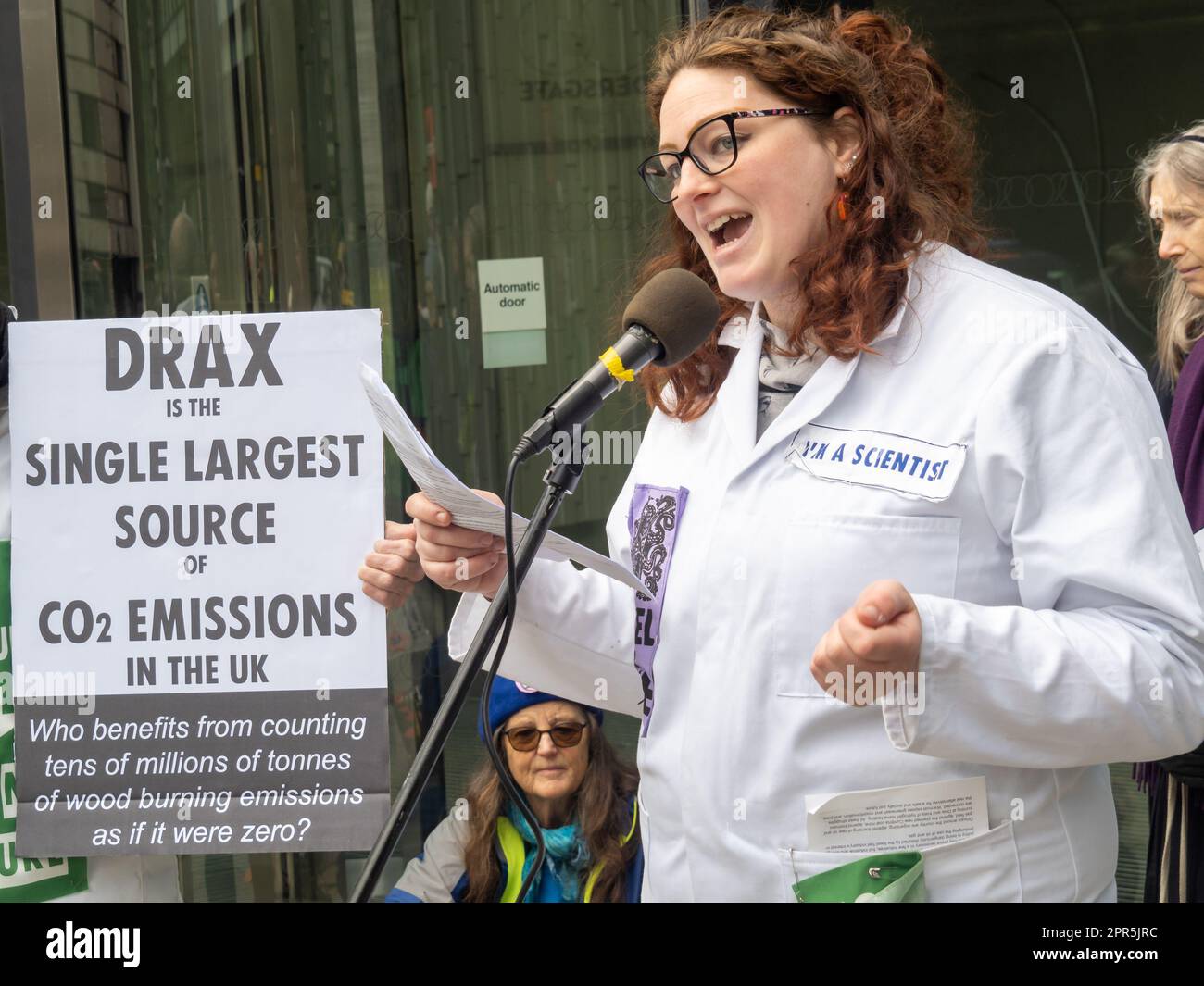 London, UK. 26 April 2023. A scientist outside the AGM of Drax, the UK ...