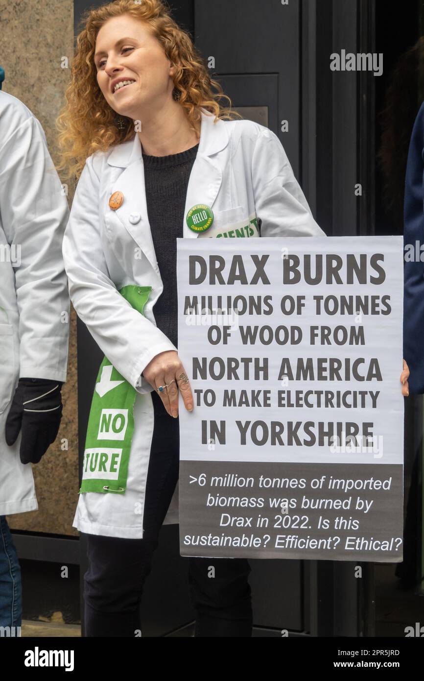 London, UK. 26 April 2023. Scientists picket the AGM of Drax, the UK's ...