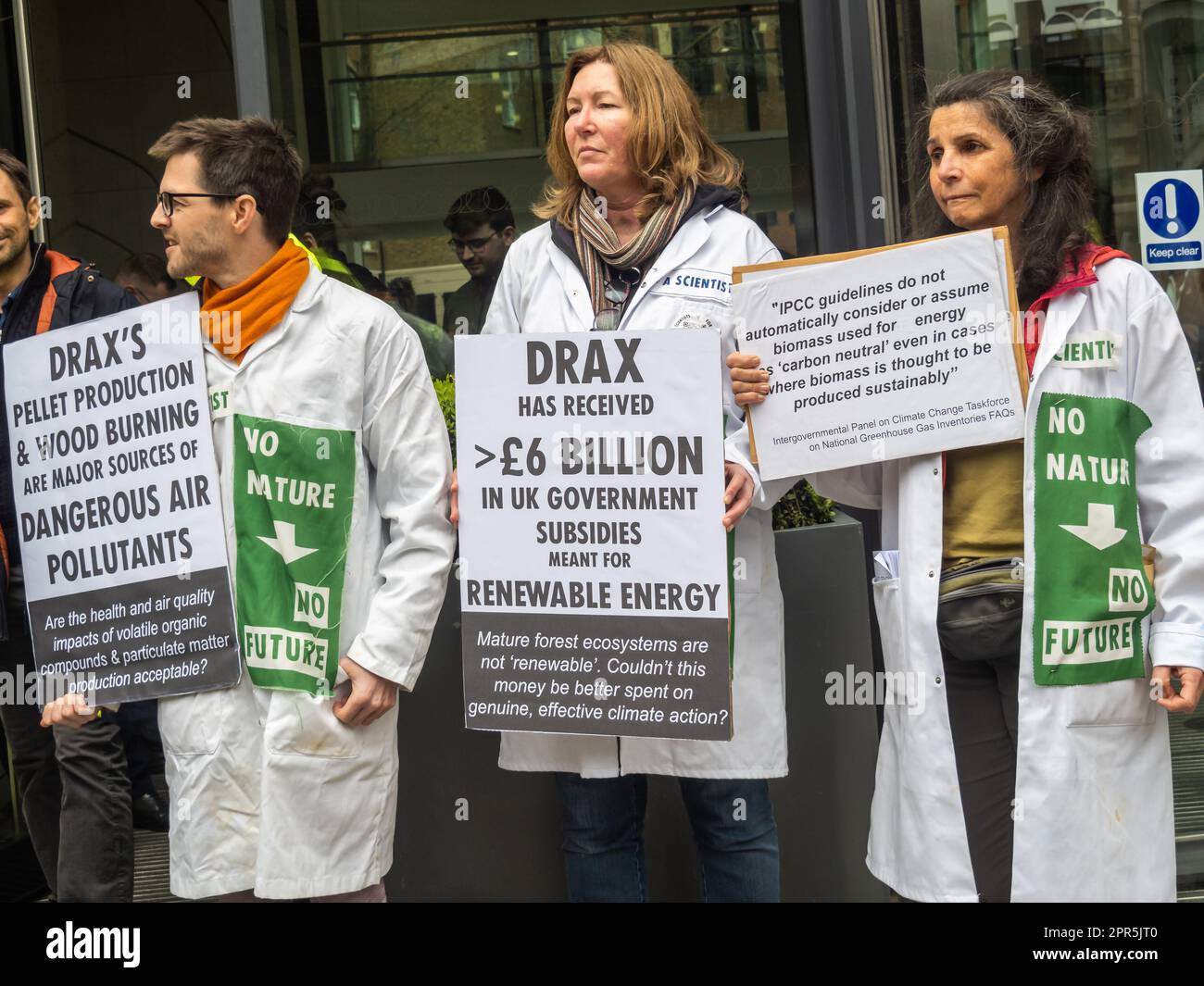 London, UK. 26 April 2023. Scientists picket the AGM of Drax, the UK's ...
