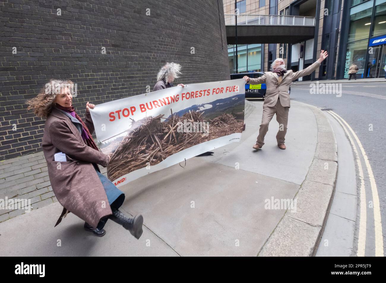 London, UK. 26 April 2023. Campaigners opposite the AGM of Drax dance ...