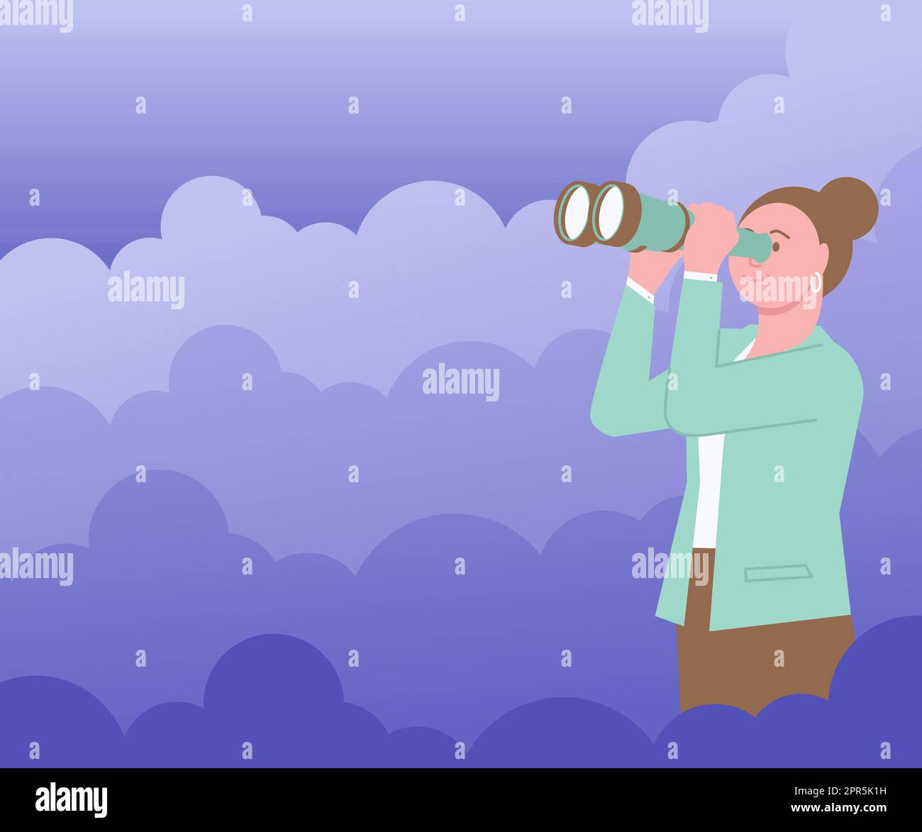 Woman Surrounded With Clouds Looking Through Hand Held Telescope Seeing ...