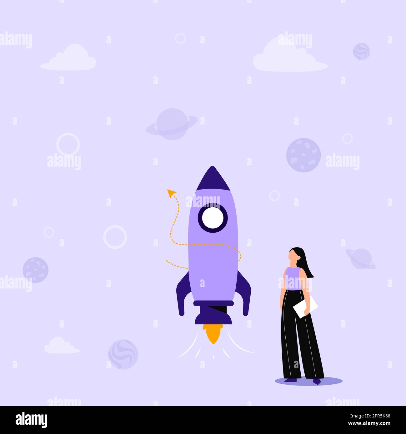 Illustration Of Casual Girl Standing Alone Beside Large Rocket Ship ...