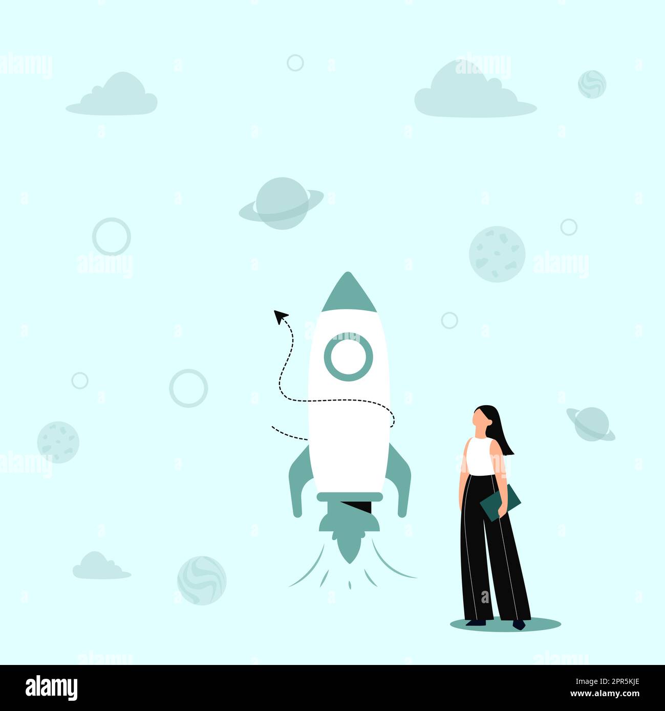Illustration Of Casual Girl Standing Alone Beside Large Rocket Ship ...
