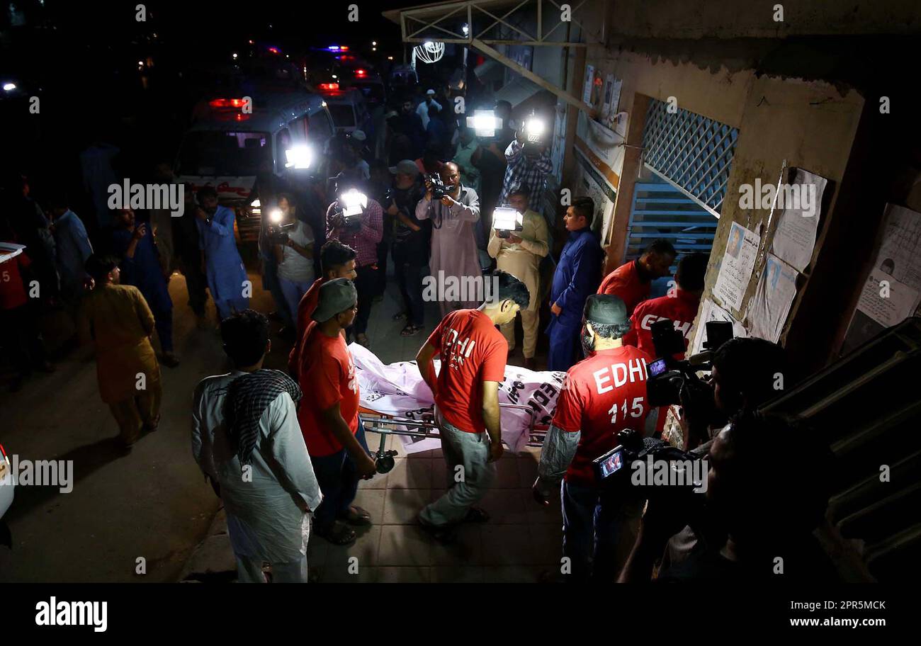 Karachi, Pakistan, April 26, 2023. Dead bodies of traffic accident ...
