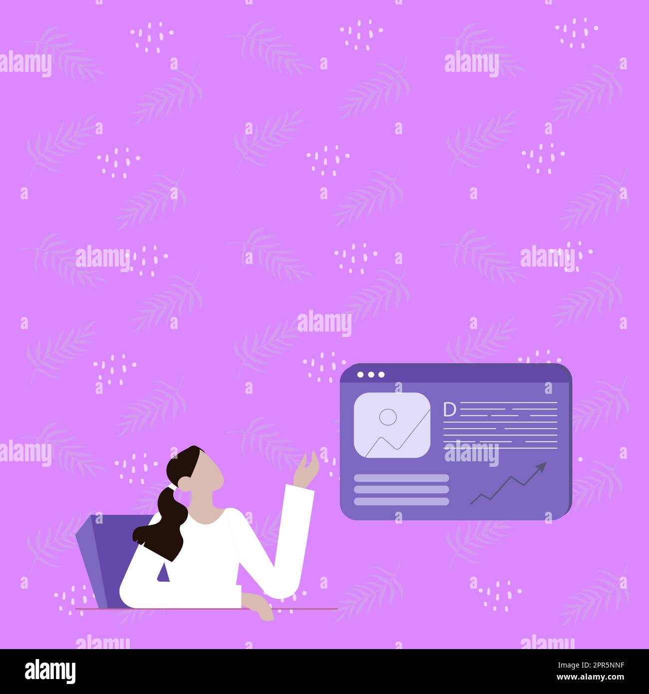 Line Drawing For Lady Sitting Presenting New Ideas With Web Browser Screen. Woman Sitting Office ...