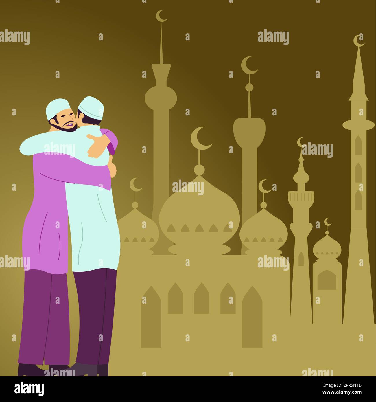 Friends Hugging In Front Of Mosque Celebrating Ramadan. Men In ...