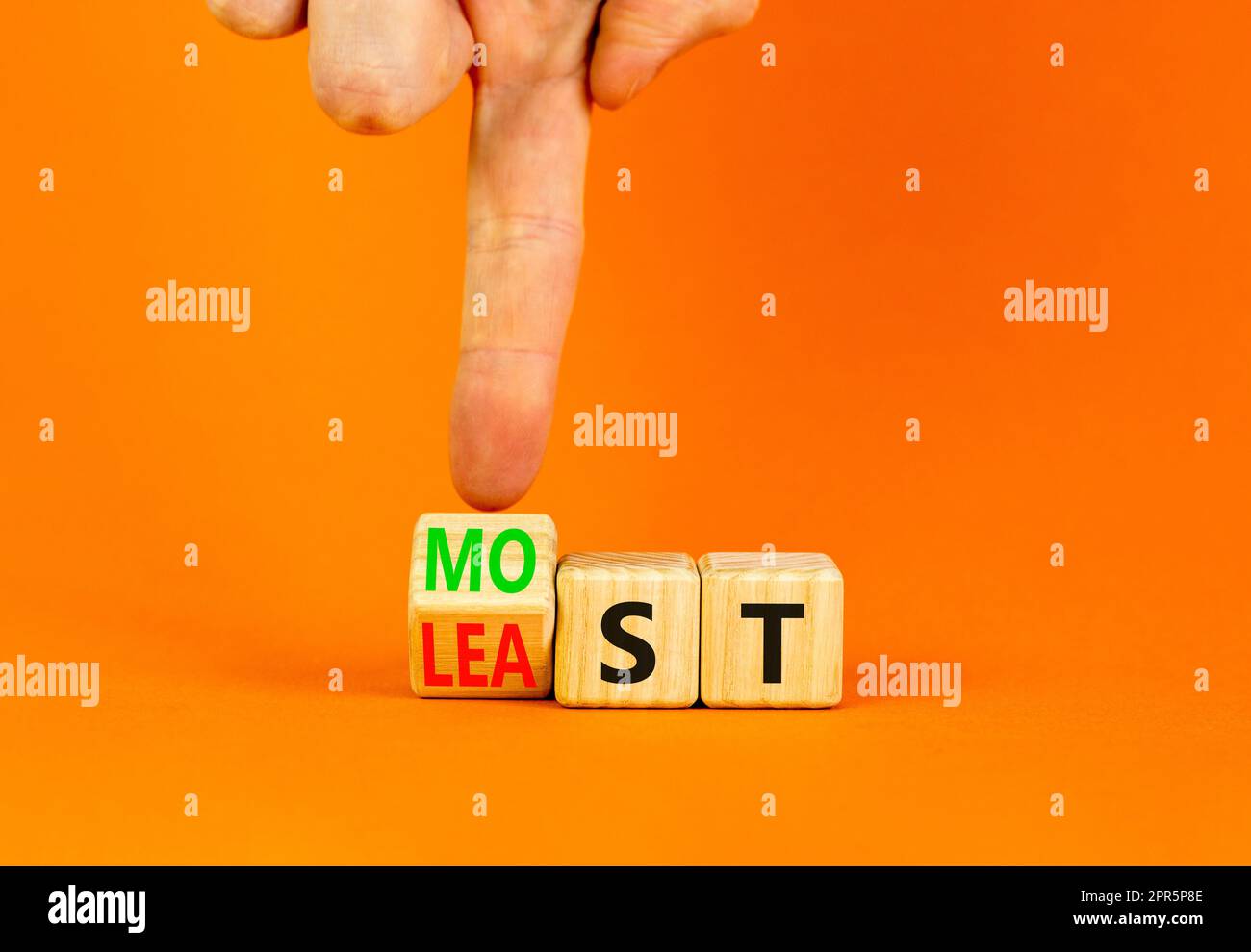 Most or least symbol. Businessman turns wooden cubes and changes the ...