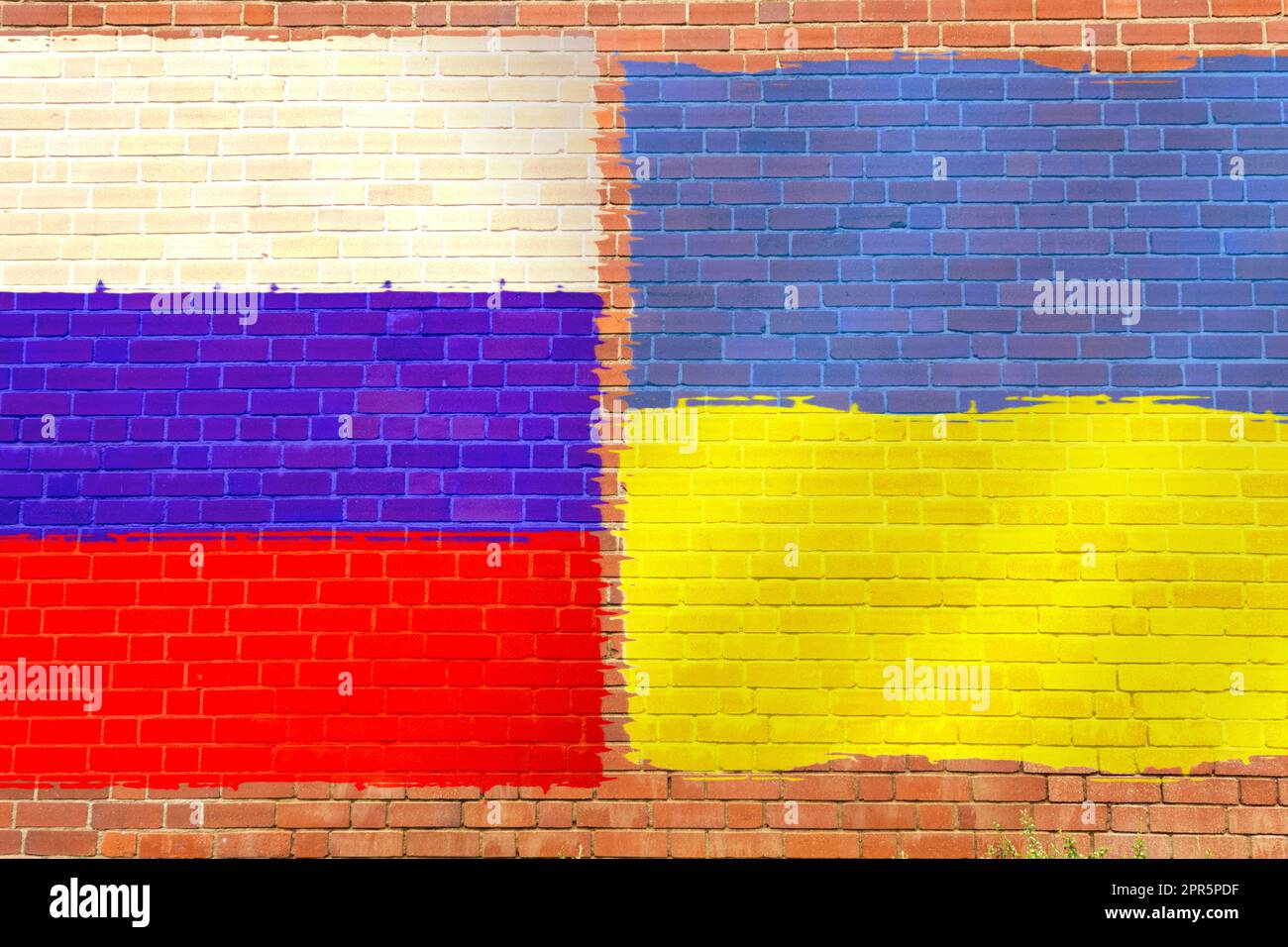 The flag of Ukraine is painted on a brick wall, Close-up. Background ...
