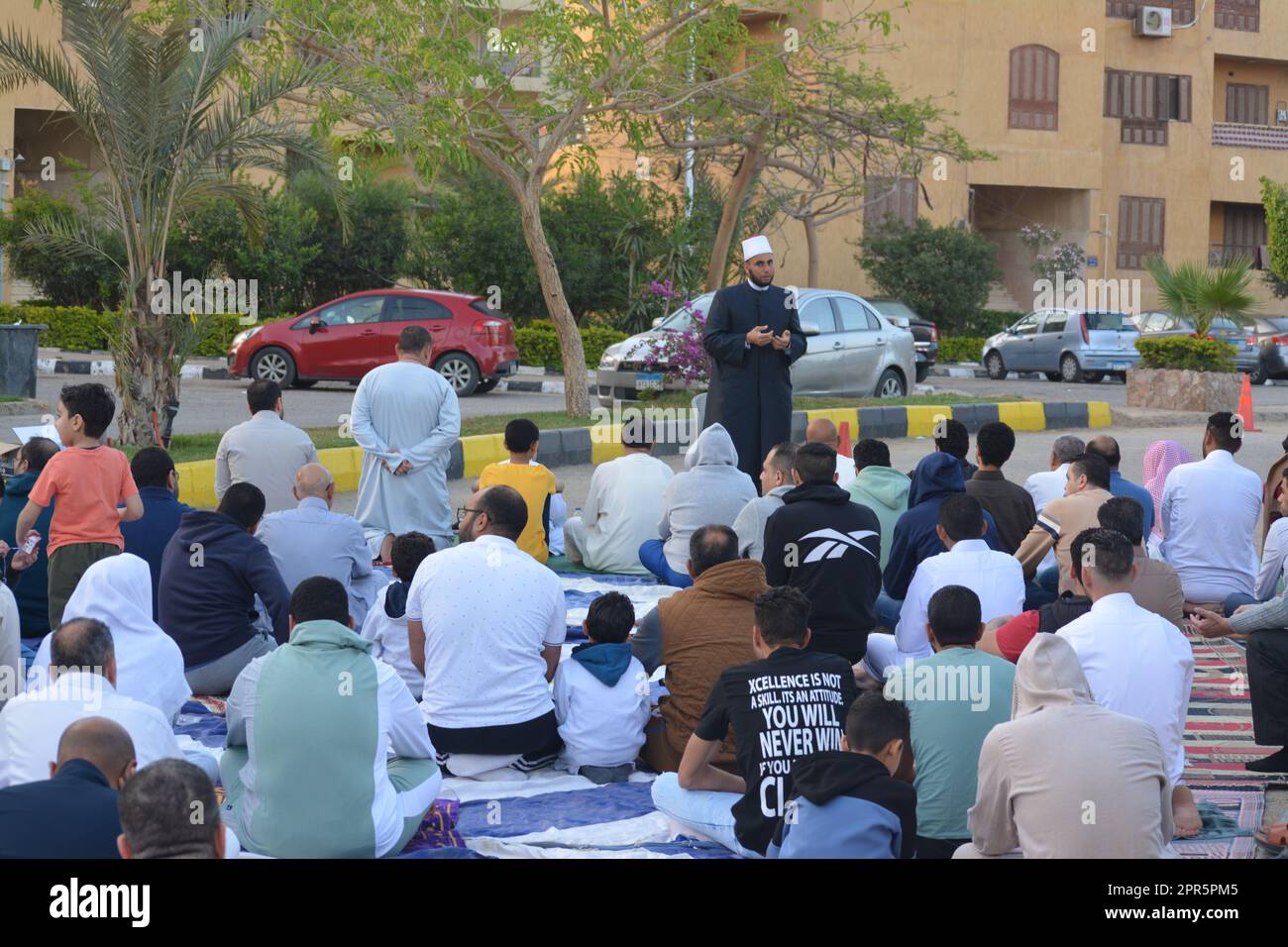 Cairo, Egypt, April 21 2023: A mosque preacher Imam performs Eid Al ...