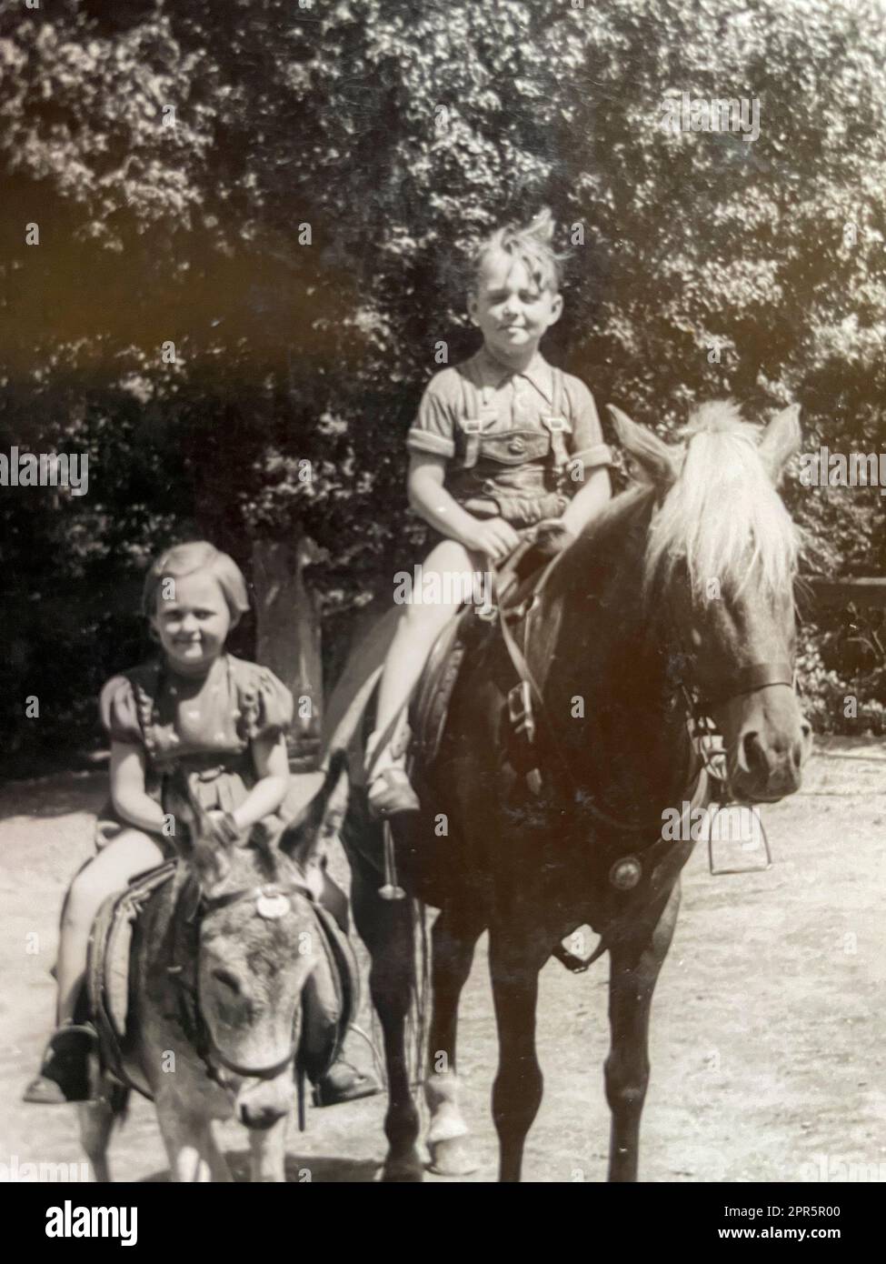 EinMädchen auf einem Esel und ein Junge auf einem Pferd in den 50er ...