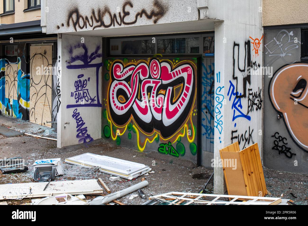 Mural graffiti on abandoned residential building before demolition at ...