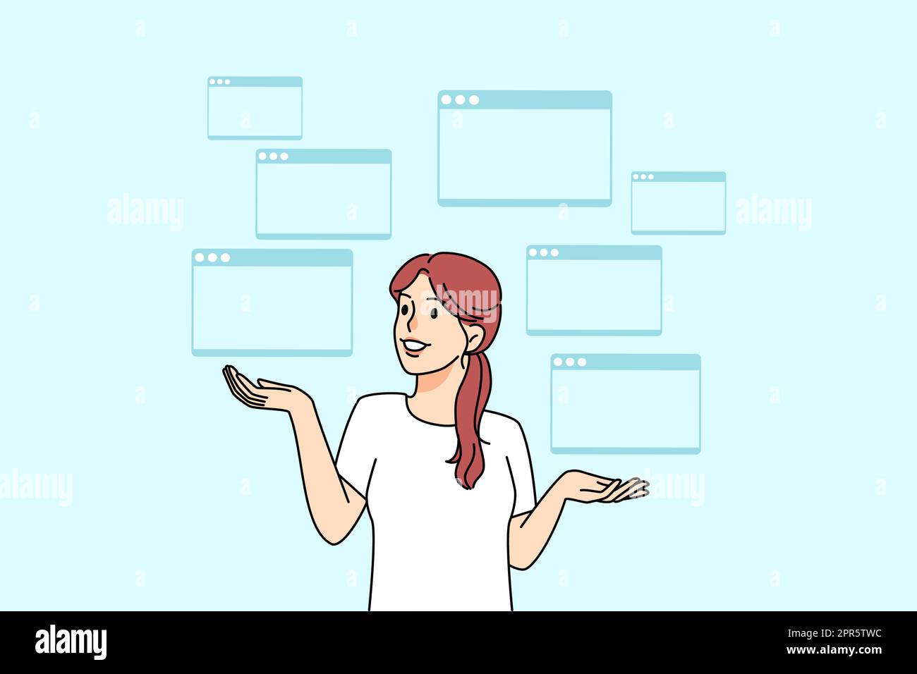 Smiling woman with open browser windows thinking. Happy female software ...