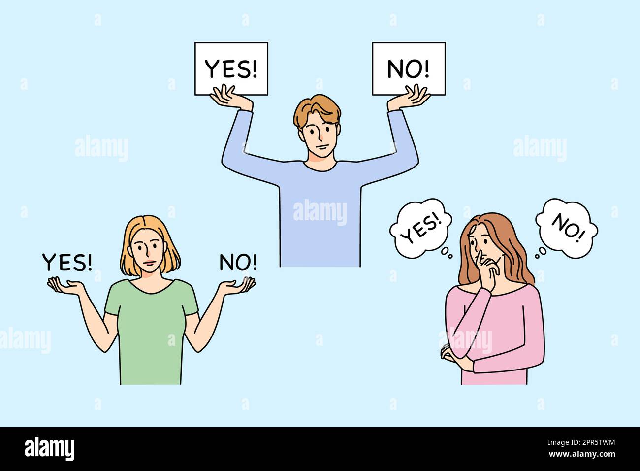 Confused people with yes and no signs making decision. Frustrated male ...