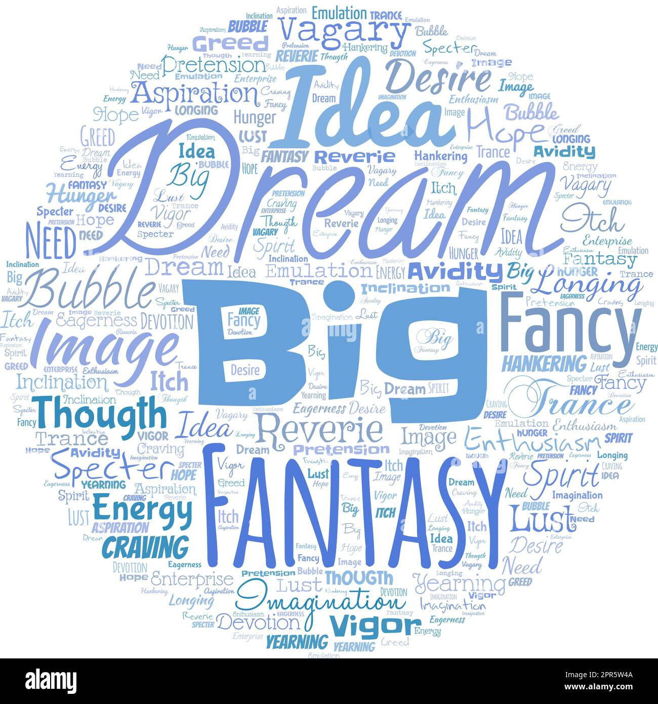 Big word cloud in the shape of circle with words dream big. To think of ...