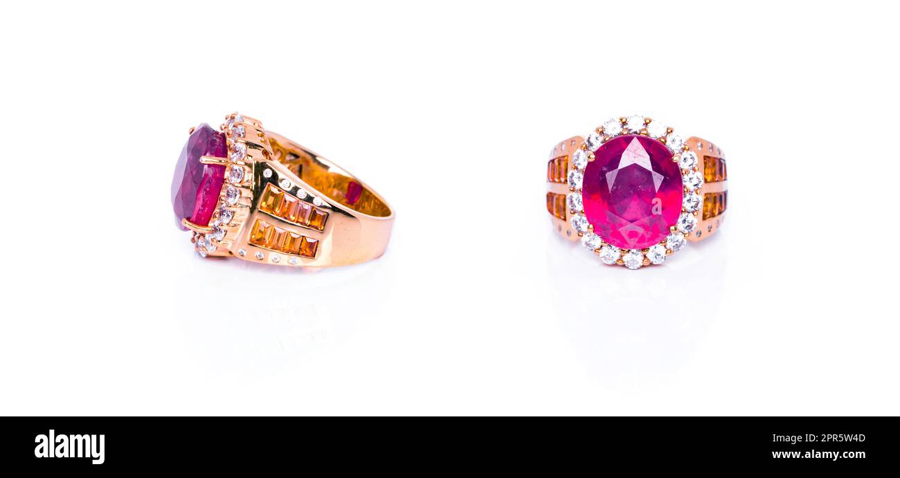Burma Ruby with orange sapphires and white quartz ring on white ...