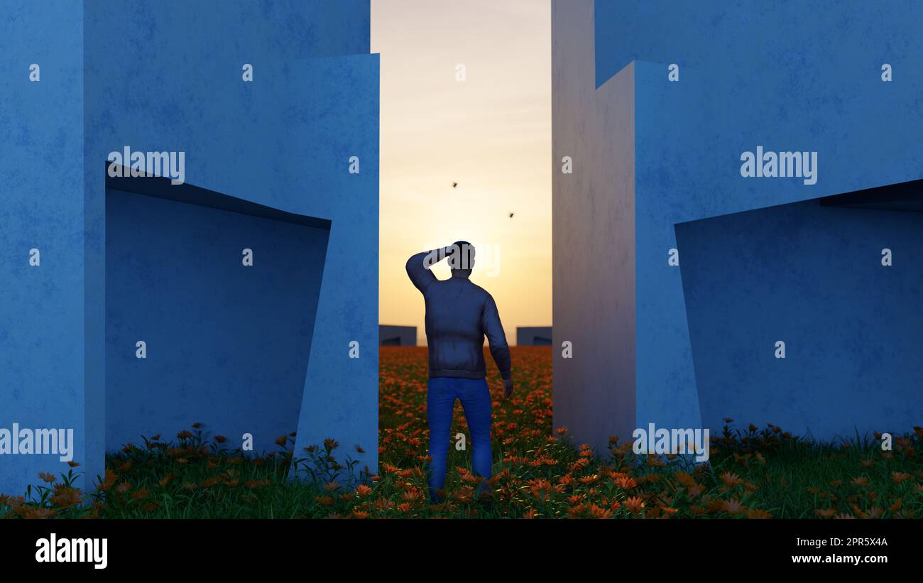 man staring at sun between two ancient concrete structures 3D ...